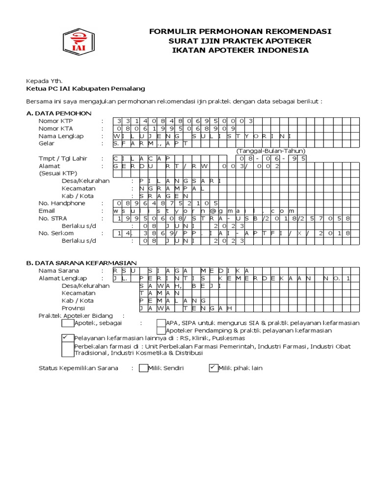 Form Permohonan Rekom Sipa | PDF
