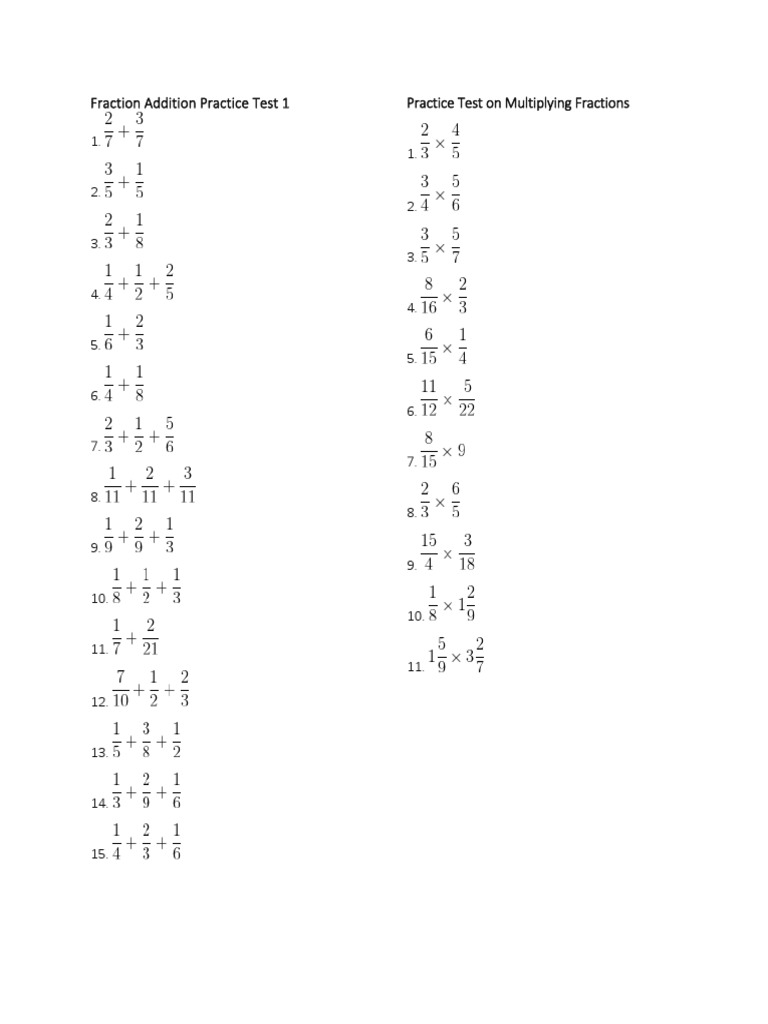 Fraction Addition, Subtraction, Multiplication and Division Practice ...