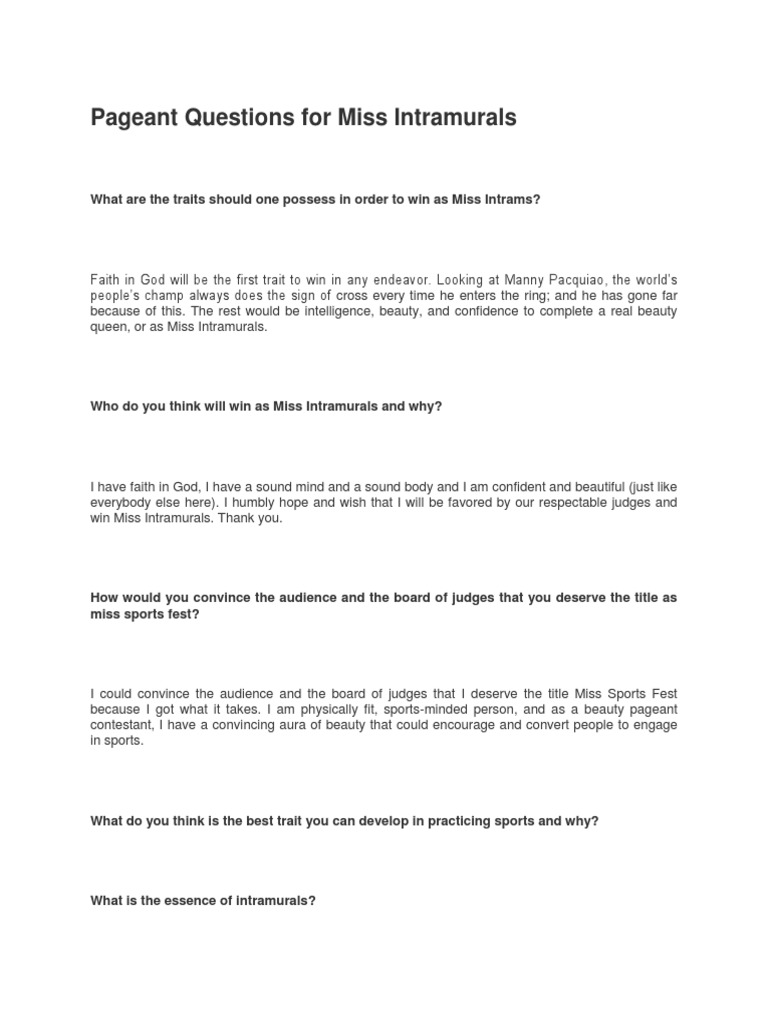 Pageant Questions For Miss Intramurals | PDF | Sports