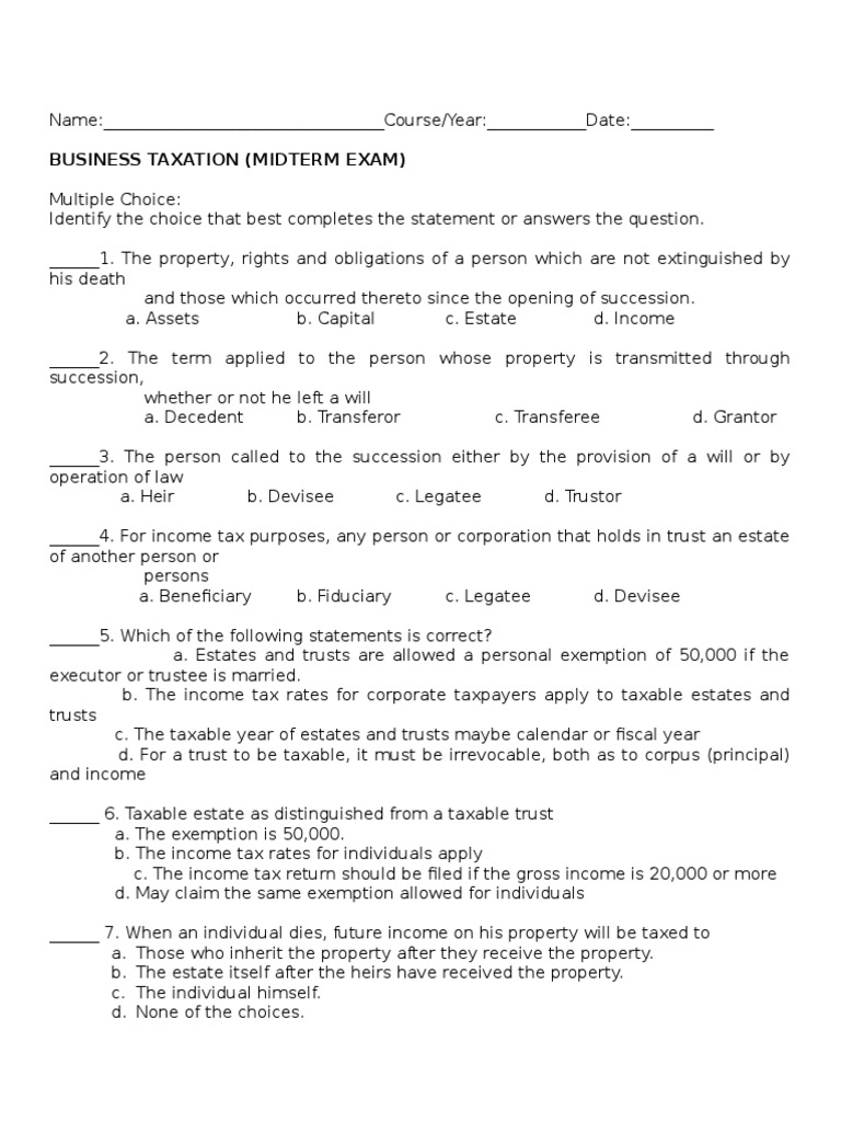 Analysis of a Business Taxation Midterm Exam | PDF | Trust Law | Estate ...