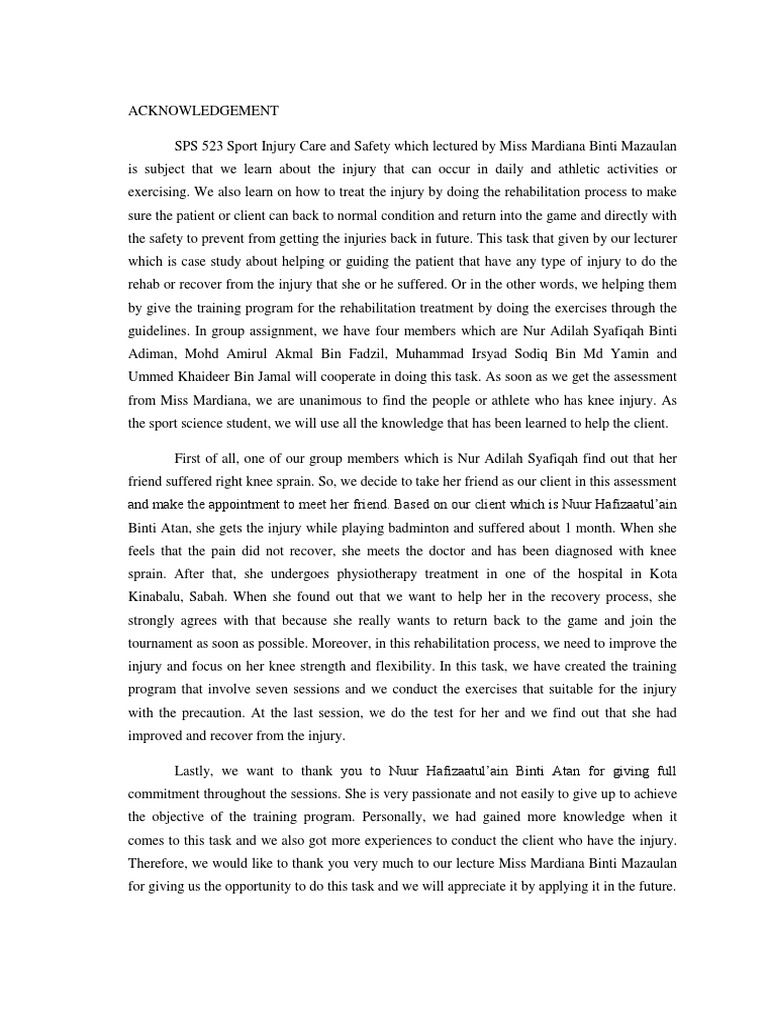 Acknowledgement Case Study Sport Injury | PDF | Physical Therapy | Medicine