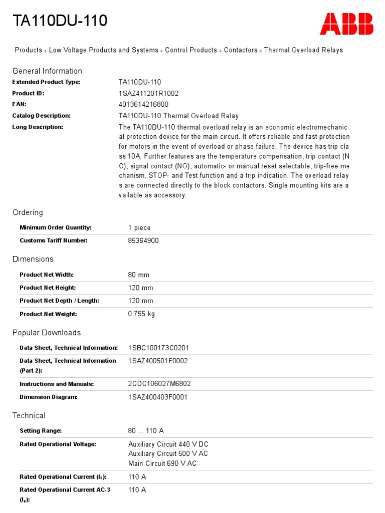 1SAZ411201R1002 Ta110du 110 Thermal Overload Relay | PDF | Relay ...