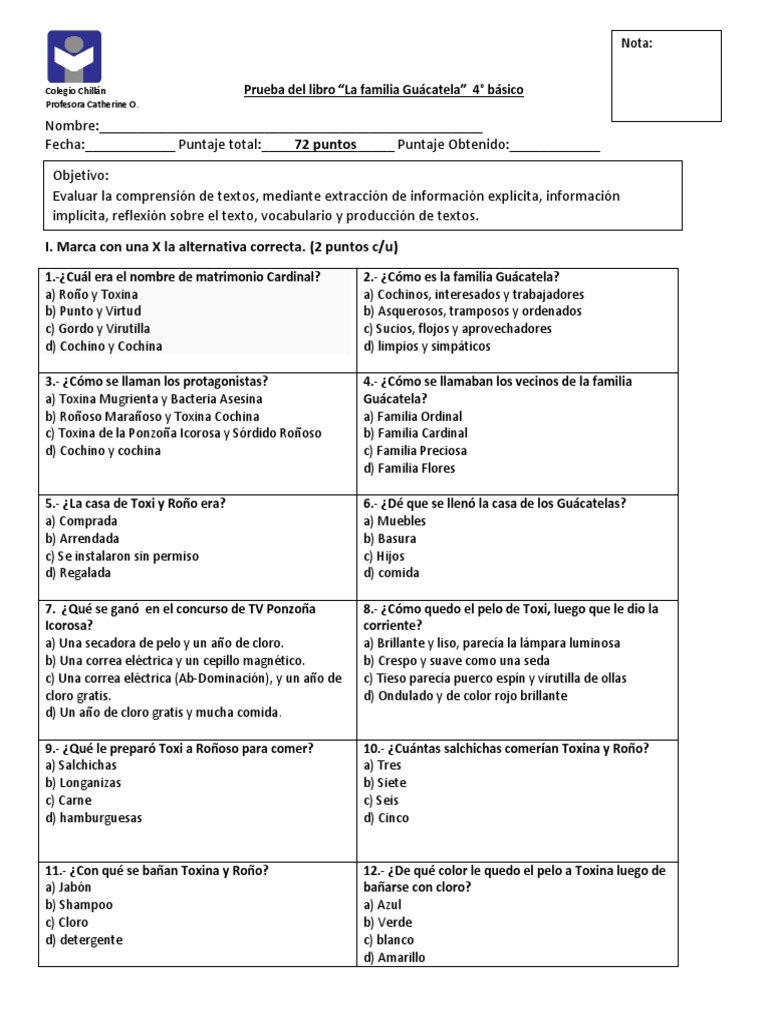 Prueba Del Libro La Familia Guacatela 4 Basico | PDF | Naturaleza