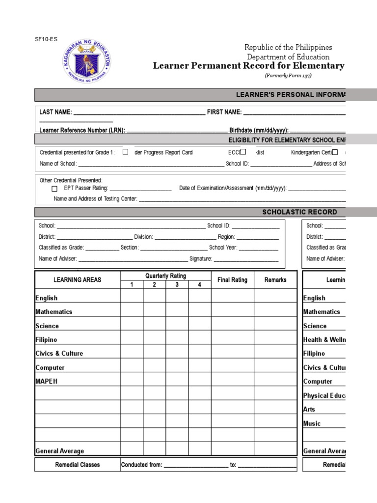 Learner Permanent Record For Elementary School (SF10-ES) : Republic of ...