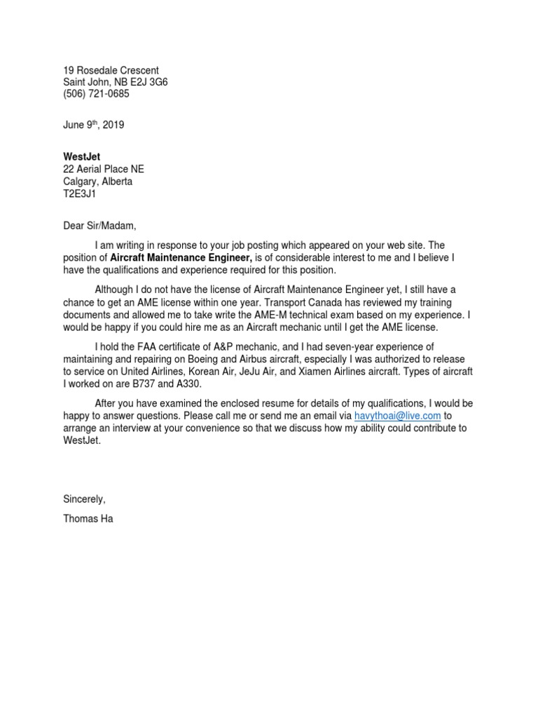 Cover Letter - WestJet | PDF | Aviation | Aircraft