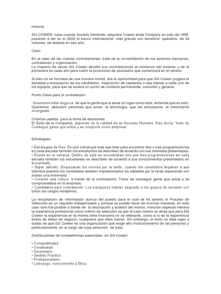 Caso SG Cowen Nuevas Contrataciones Caso n1 | PDF | Liderazgo | Gestión ...