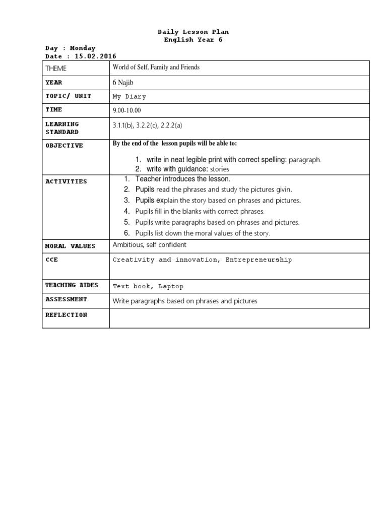 Daily Lesson Plan English Year 6 Day: Monday Date: 15.02.2016 | PDF