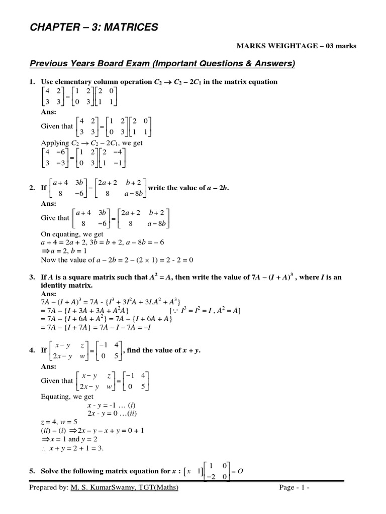 Maths Notes Xii Matrices Board Exam Imp Qa | PDF | Linear Algebra ...