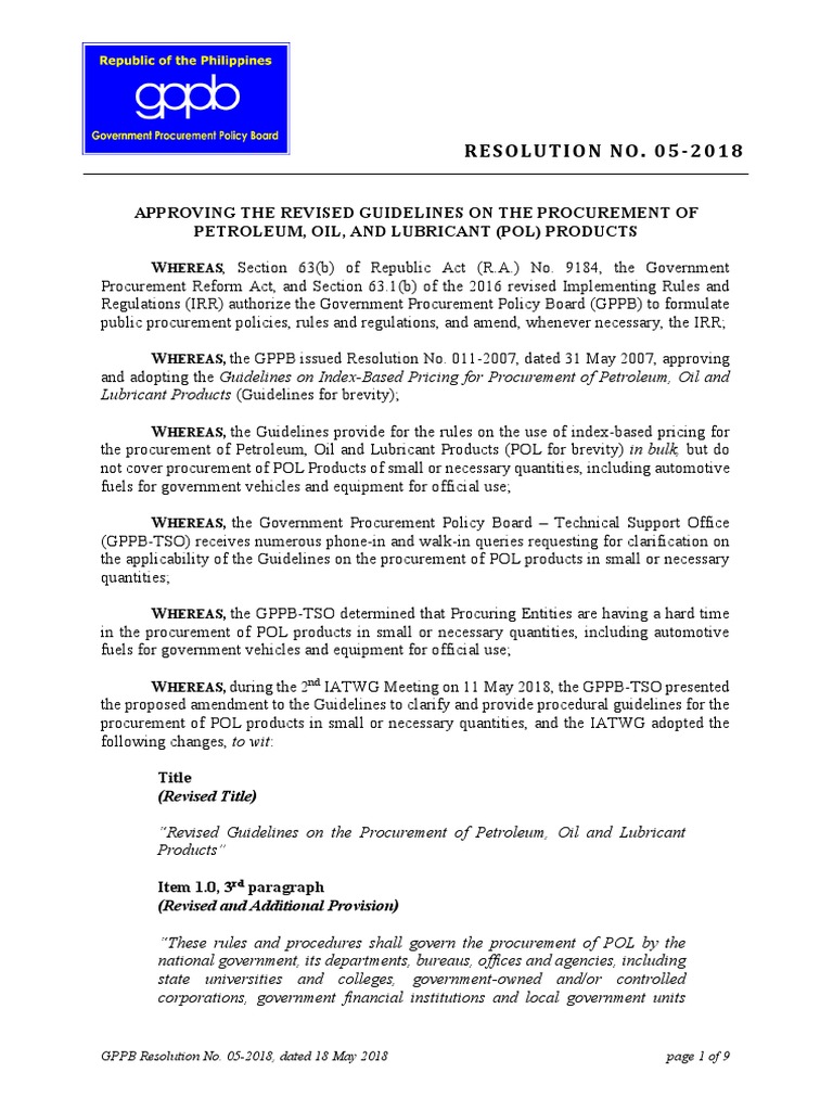 GPPB Resolution 05-2018 | PDF | Filling Station | Gasoline