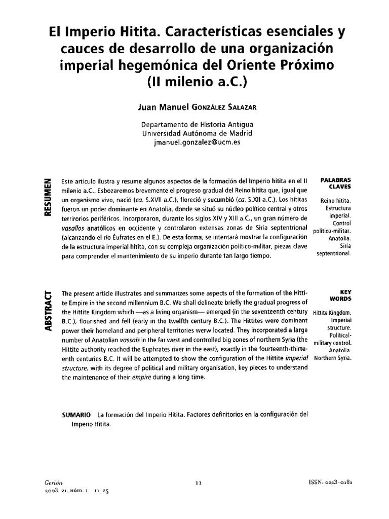El Imperio Hitita. Características Esenciales Gonzales Salazar PDF ...