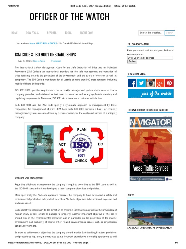 ISM Code & ISO 9001 Onboard Ships - Officer of The Watch | PDF | Iso ...