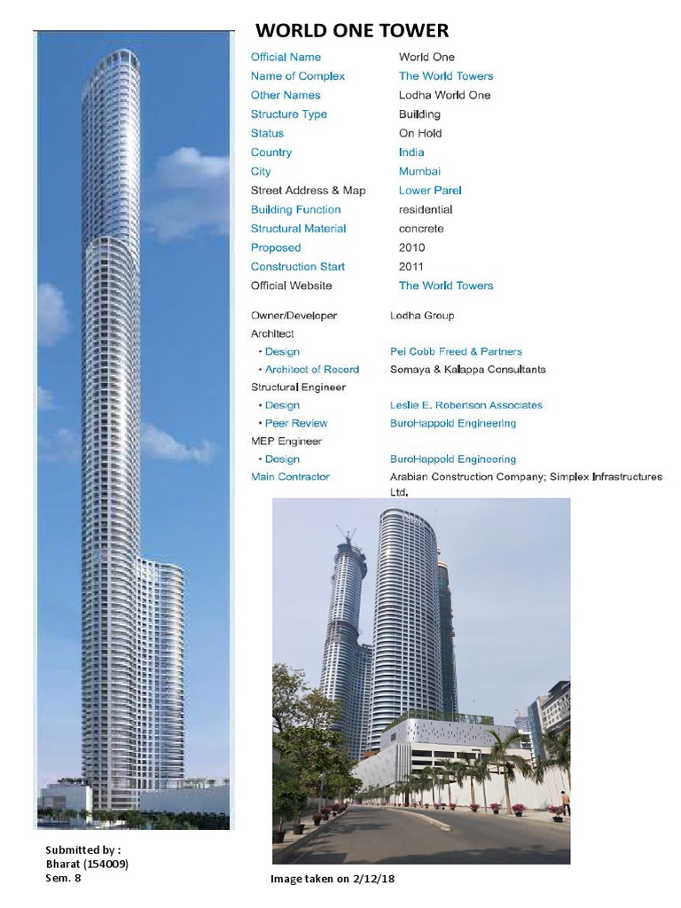 World One Tower: Submitted By: Bharat (154009) Sem. 8 | PDF
