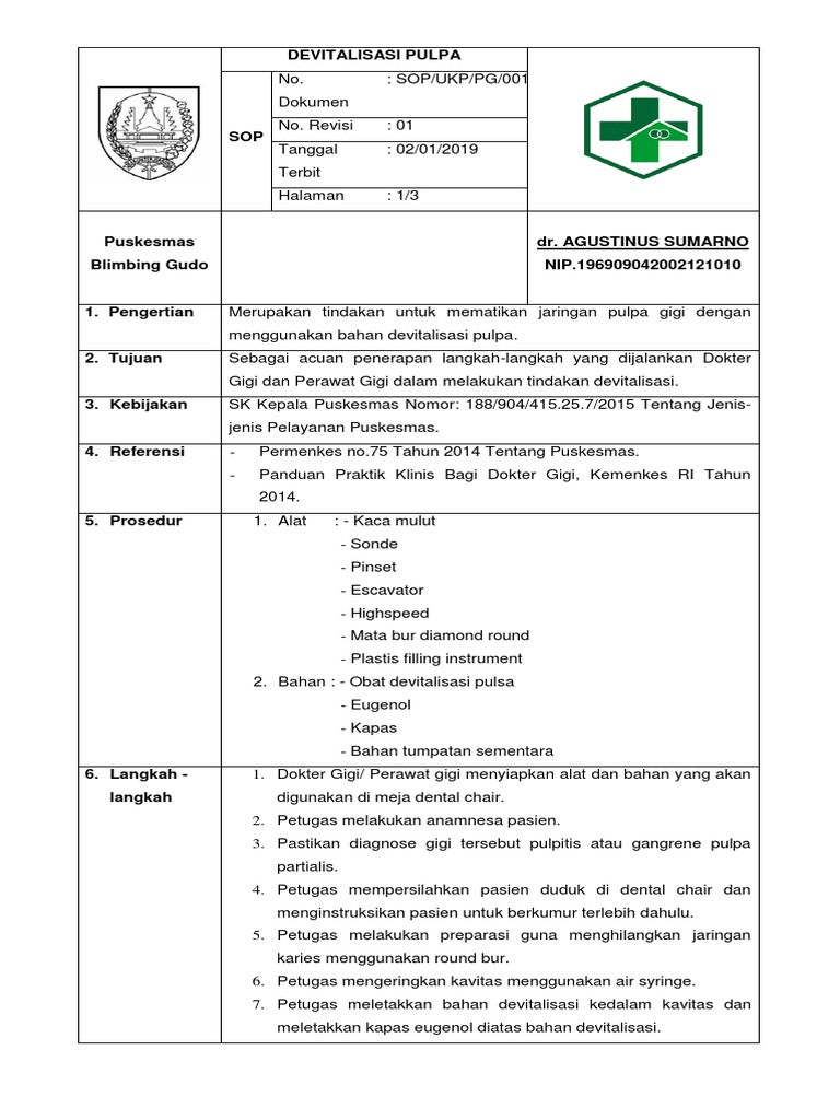 Sop Devitalisasi Pulpa | PDF
