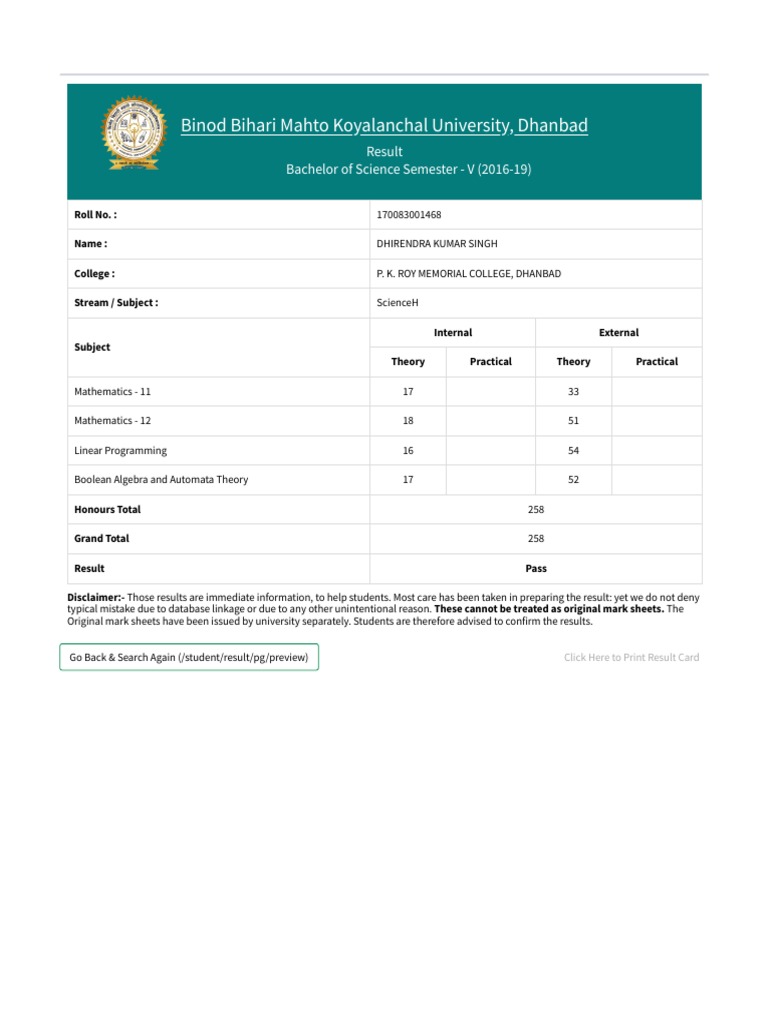 B.Sc. Semester V Result: Dhirendra Kumar Singh | PDF