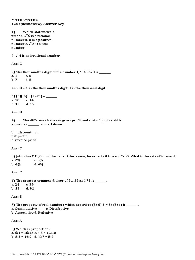 Mathematics 120 Questions W/ Answer Key | Download Free PDF | Expense ...