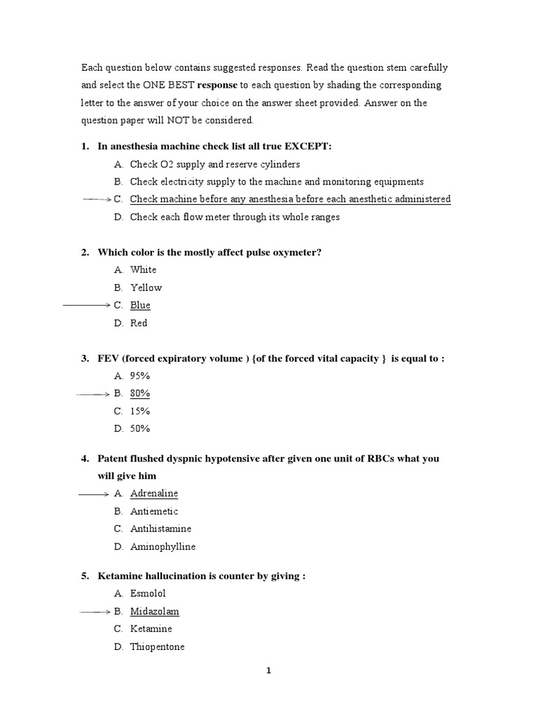 Anesthesia Exam Practice Questions | PDF | Anesthesia | Breathing