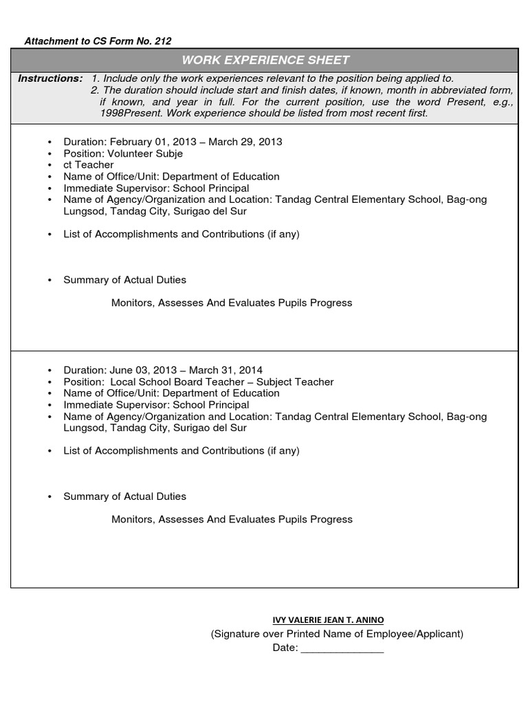 Work Experience Sheet: Instructions: 1. Include Only The Work Experiences Relevant To The ...