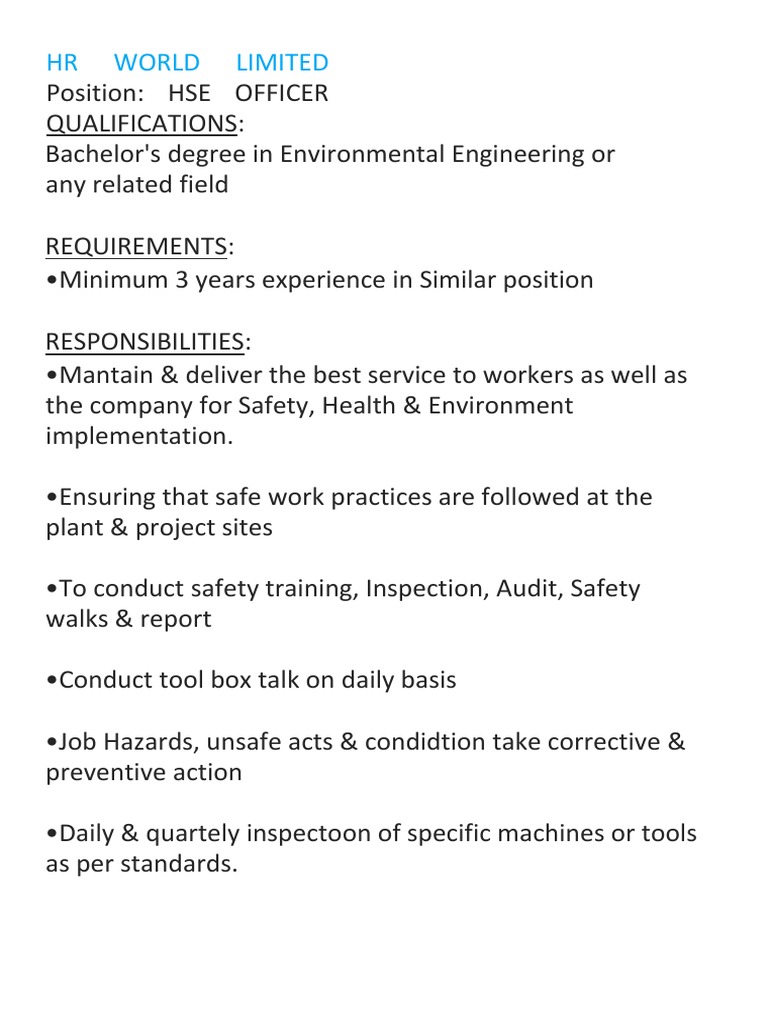 Job Advert Hse | Download Free PDF | Safety | Occupational Safety And ...
