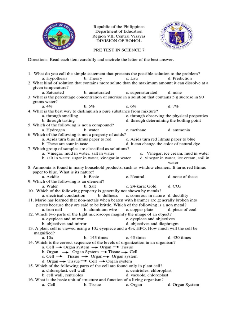 Grade 7 Science Pre-Test Bohol | PDF | Sexual Reproduction | Waves