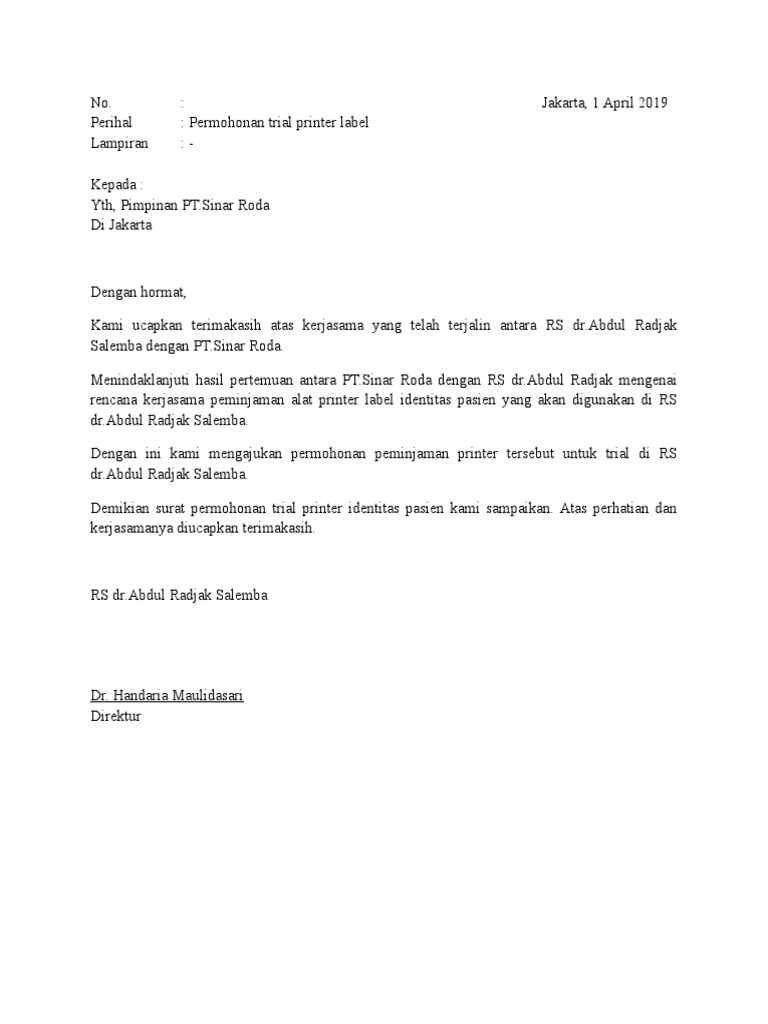 Surat Pinjam Printer Label PT - Sinar Roda | PDF