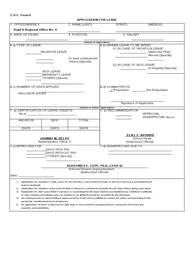 C.S.C. Form 6 Application For Leave | PDF | Sick Leave | Leave Of Absence