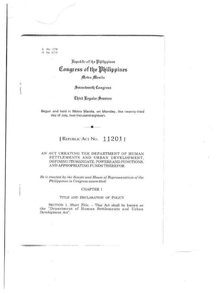 RA 11201 - An Act Creating The Dept of Human Settlements and Urban Devt ...