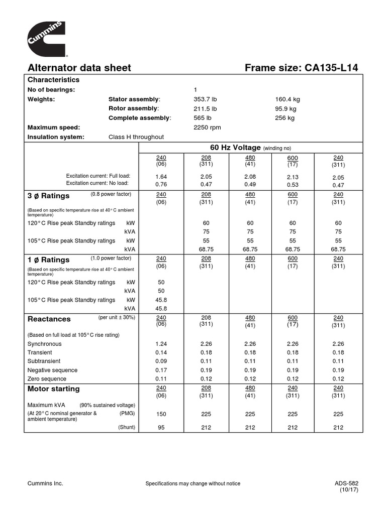 Alternator Data Sheet Frame Size: CA135-L14: Haracteristics | PDF ...