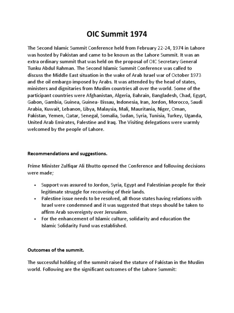 OIC Summit 1974: Recommendations and Suggestions | PDF | Palestine ...