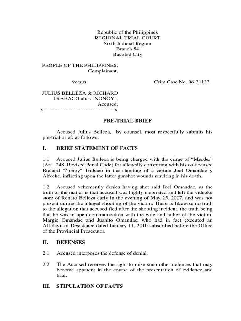 Pretrial Brief For Criminal Case (Murder) | PDF | Prosecutor | Criminal ...