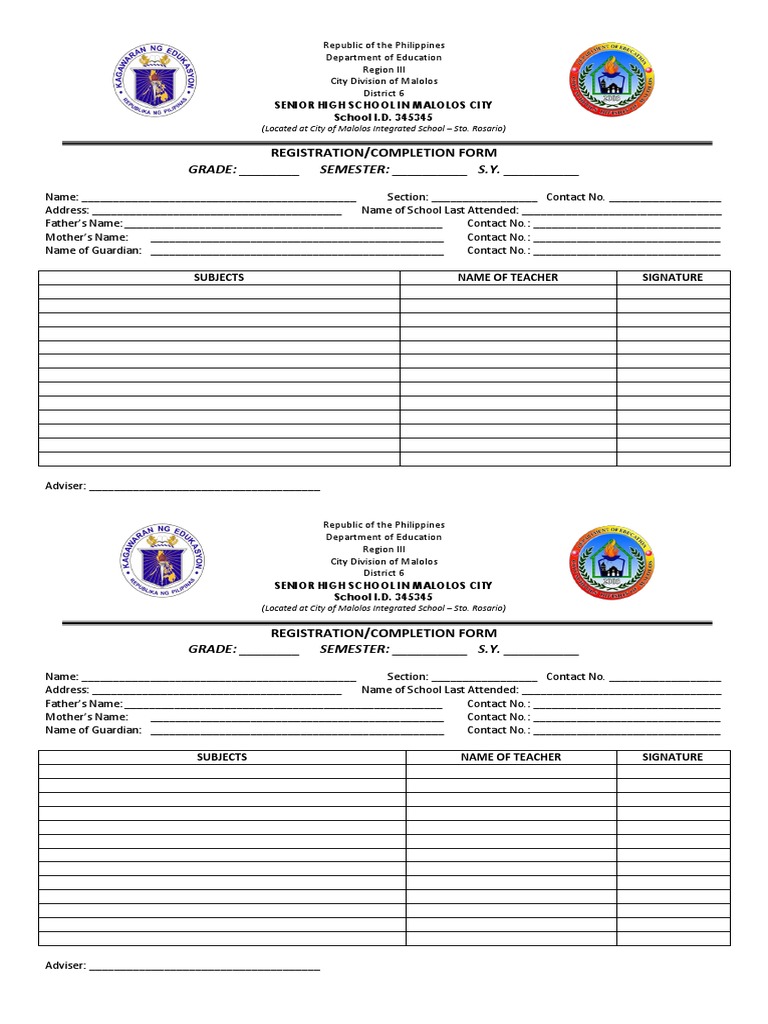 GRADE: - SEMESTER: - S.Y. - : Registration/Completion Form | PDF