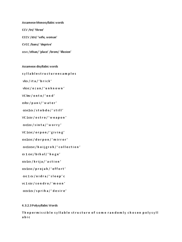 Assamese Monosyllabic Words | PDF | Syllable | Symbols