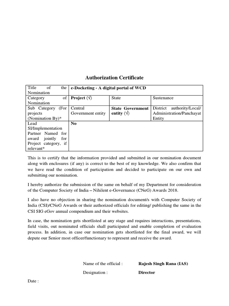 Authorization Certificate: E-Docketing - A Digital Portal of WCD ...