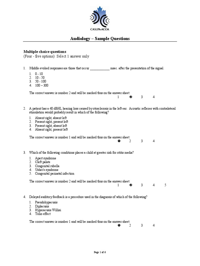 Audiology Exam Sample Questions | PDF | Hearing Loss | Hearing