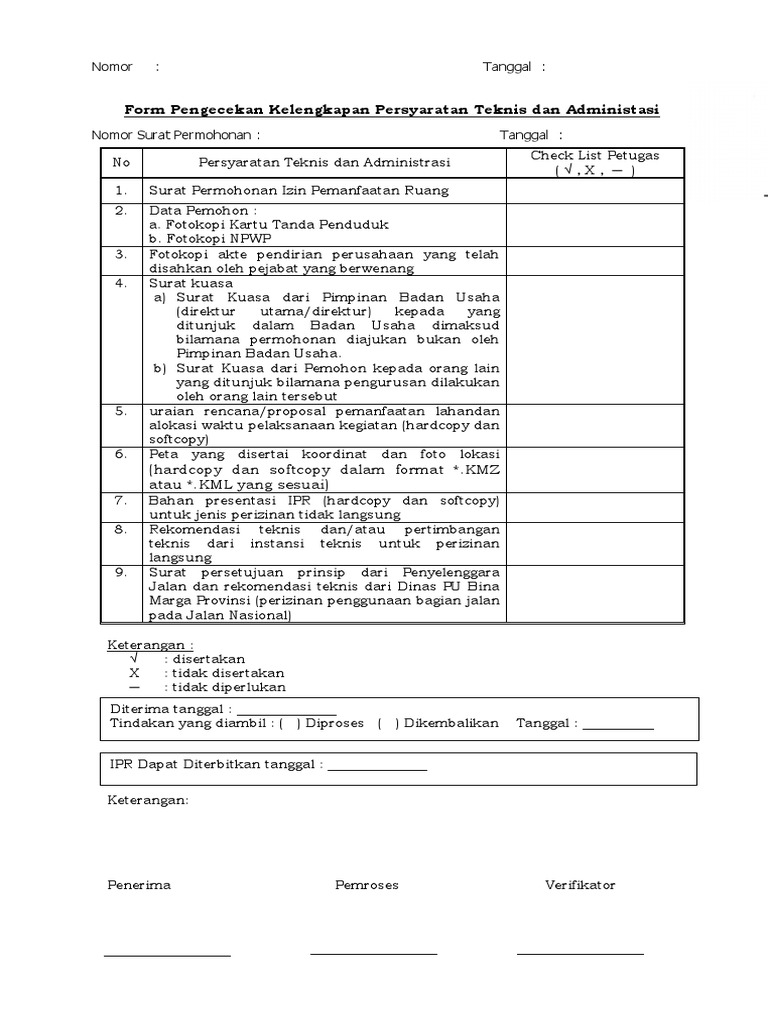 Form Pengecekan Kelengkapan Persyaratan Teknis Dan Administasi-Baru | PDF