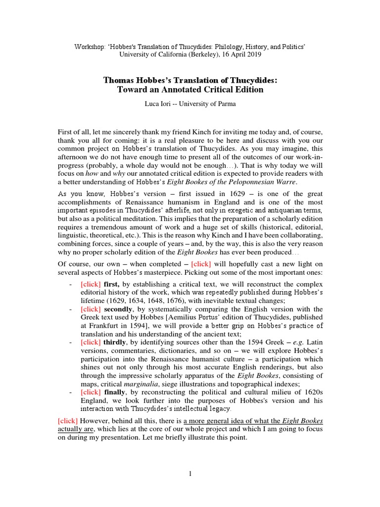 Thomas Hobbes's Translation of Thucydides: Toward An Annotated Critical Edition | PDF ...