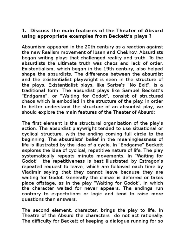 Discuss The Main Features of The Theater of Absurd Using Appropriate ...