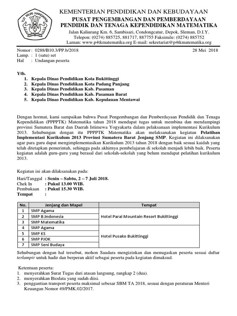 Panggilan Pelatihan Implementasi K13 Bukittinggi | PDF
