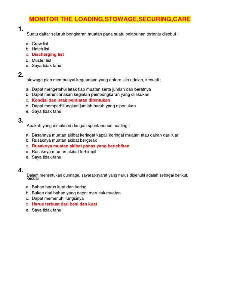 Monitor The Loading, Stowage, Sturing Care | PDF | Sains & Matematika