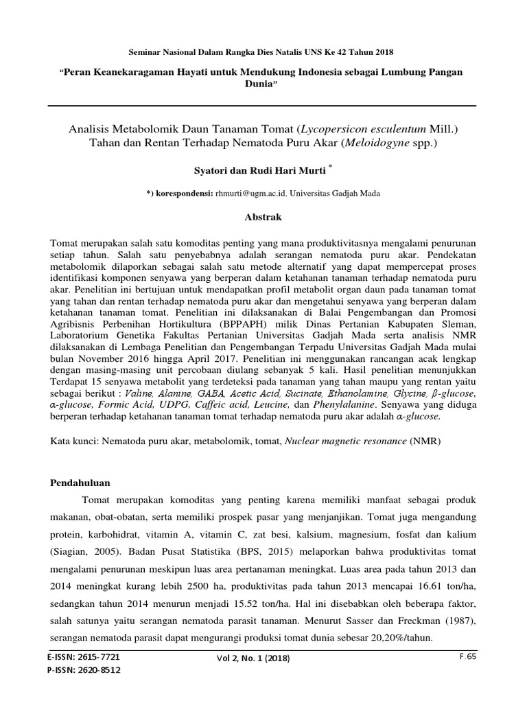 Analisis Metabolomik Daun Tanaman Tomat (Lycopersicon Esculentum Mill ...