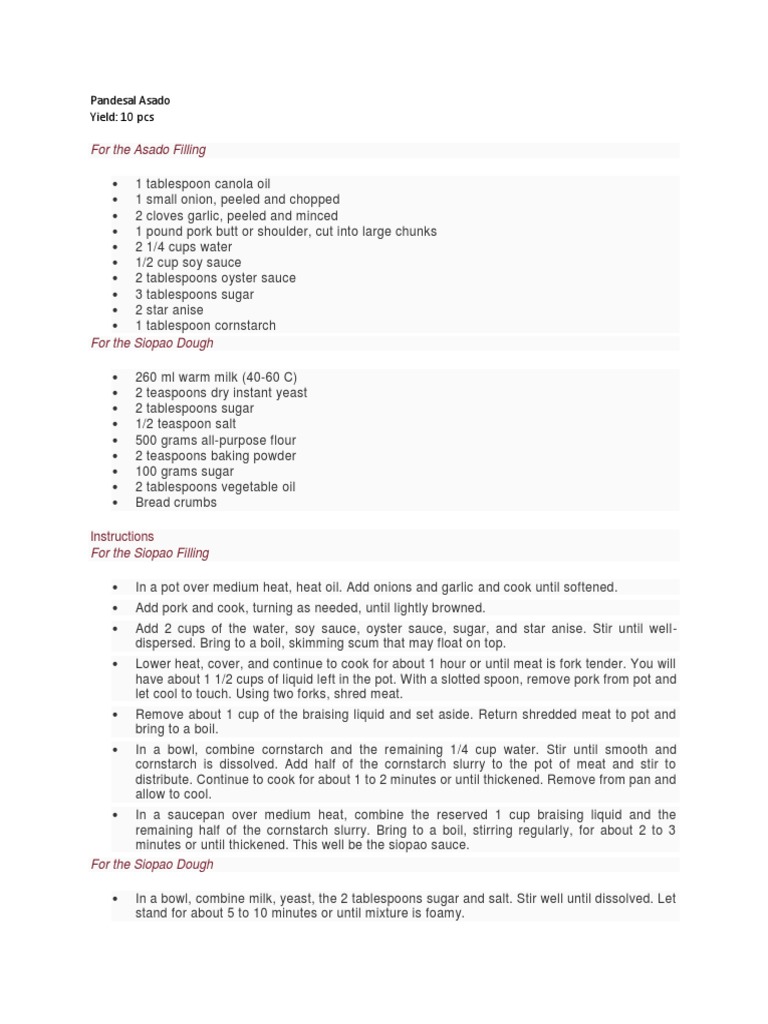 For The Asado Filling: Pandesal Asado Yield: 10 Pcs | PDF | Dough | Cakes