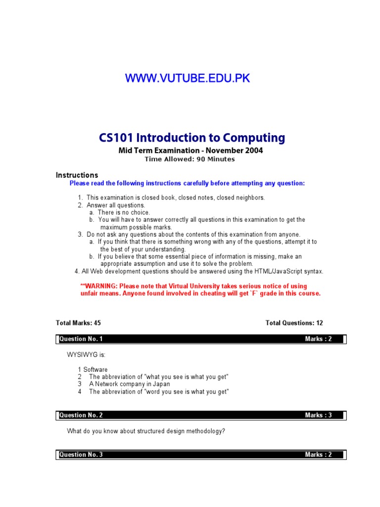 Cs101 Mid Term 19 | PDF | Computer Program | Programming