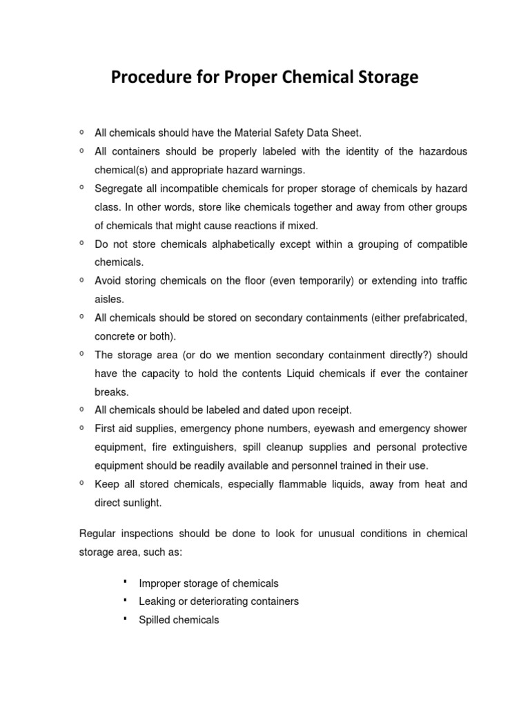 Procedure For Proper Chemical Storage | PDF | Sulfuric Acid | Acid