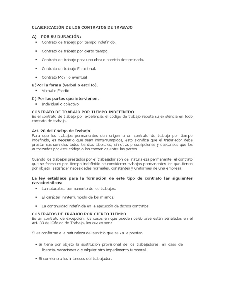 Clasificación de Los Contratos de Trabajo | PDF | Derecho laboral | Economias