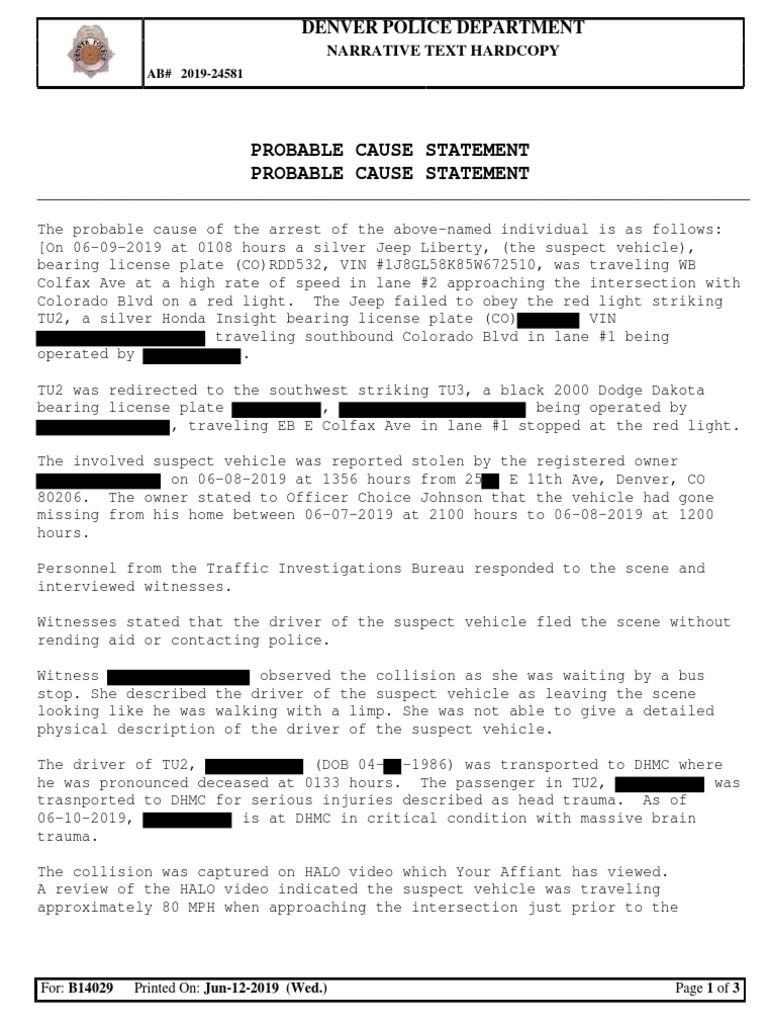 Jeffrey Sloan Probable Cause Statement | PDF | Traffic Light | Violence