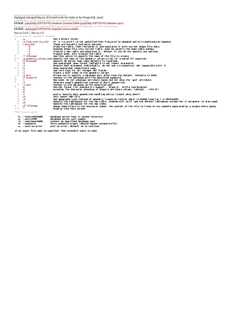 Postgis 20 Pgsql2shp Shp2pgsql Command Line Cheatsheet Pdf Postgre Sql File Format