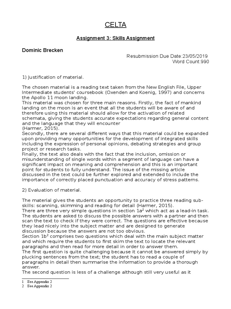 CELTA Assignmenmt 3: Skills Assignment | PDF | Neil Armstrong | English ...