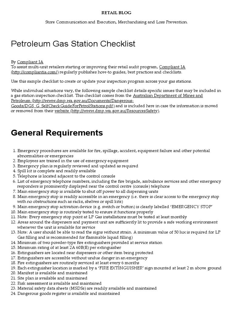 Petroleum Gas Station Checklist - Retail Blog | PDF | Emergency ...