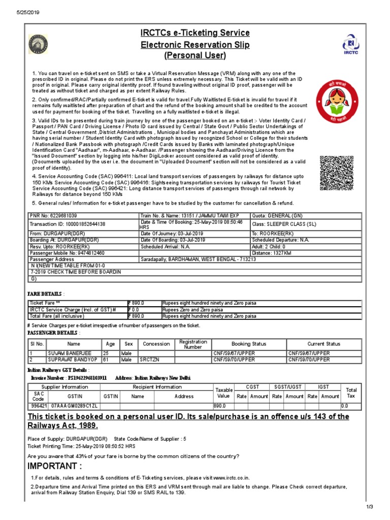 Irctcs E-Ticketing Service Electronic Reservation Slip (Personal User) | Download Free PDF ...