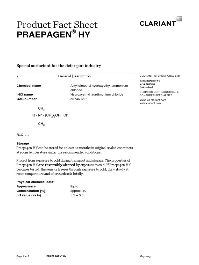 Clariant Product Fact Sheet PRAEPAGEN HY 201305 en | PDF | Surfactant ...
