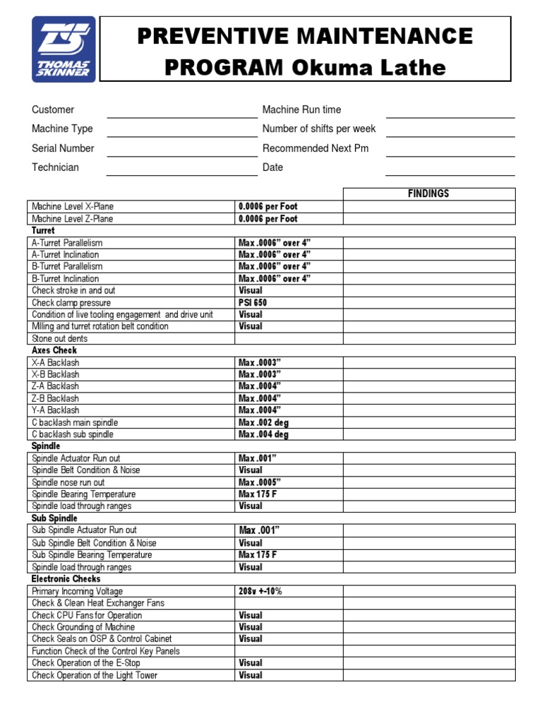 Okuma Lathe Preventive Maintenance Checklist | PDF | Machines | Pump